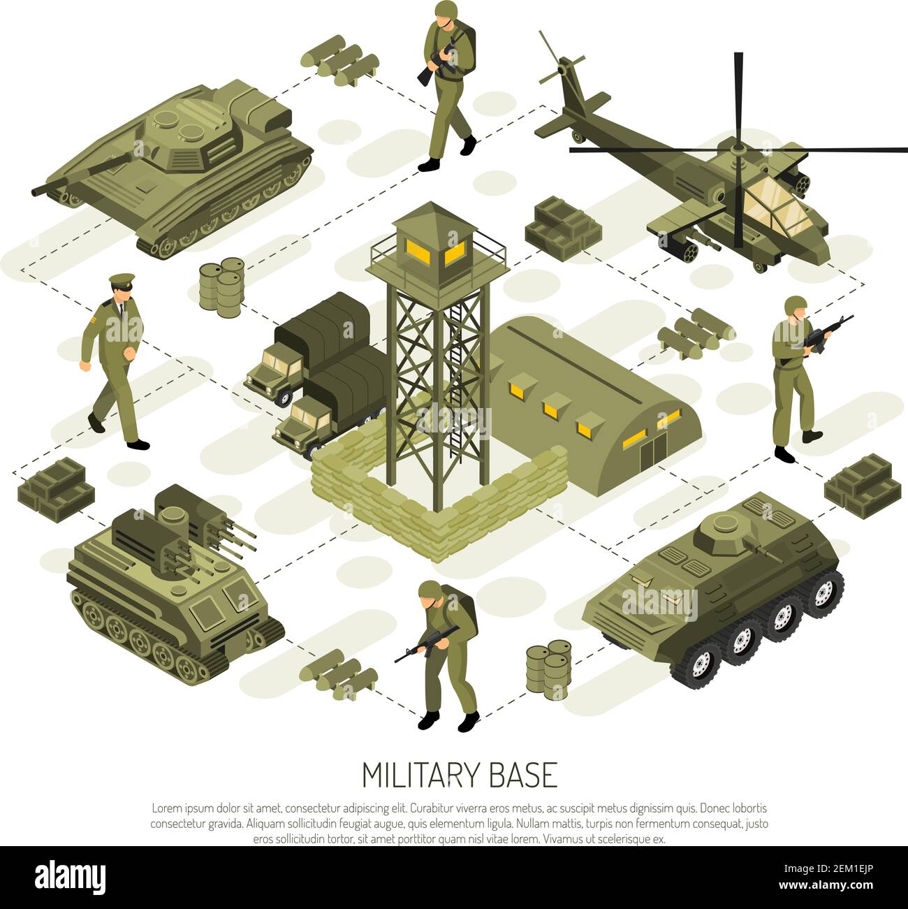 Military vehicles isometric composition of isolated buildings and military facilities with ...