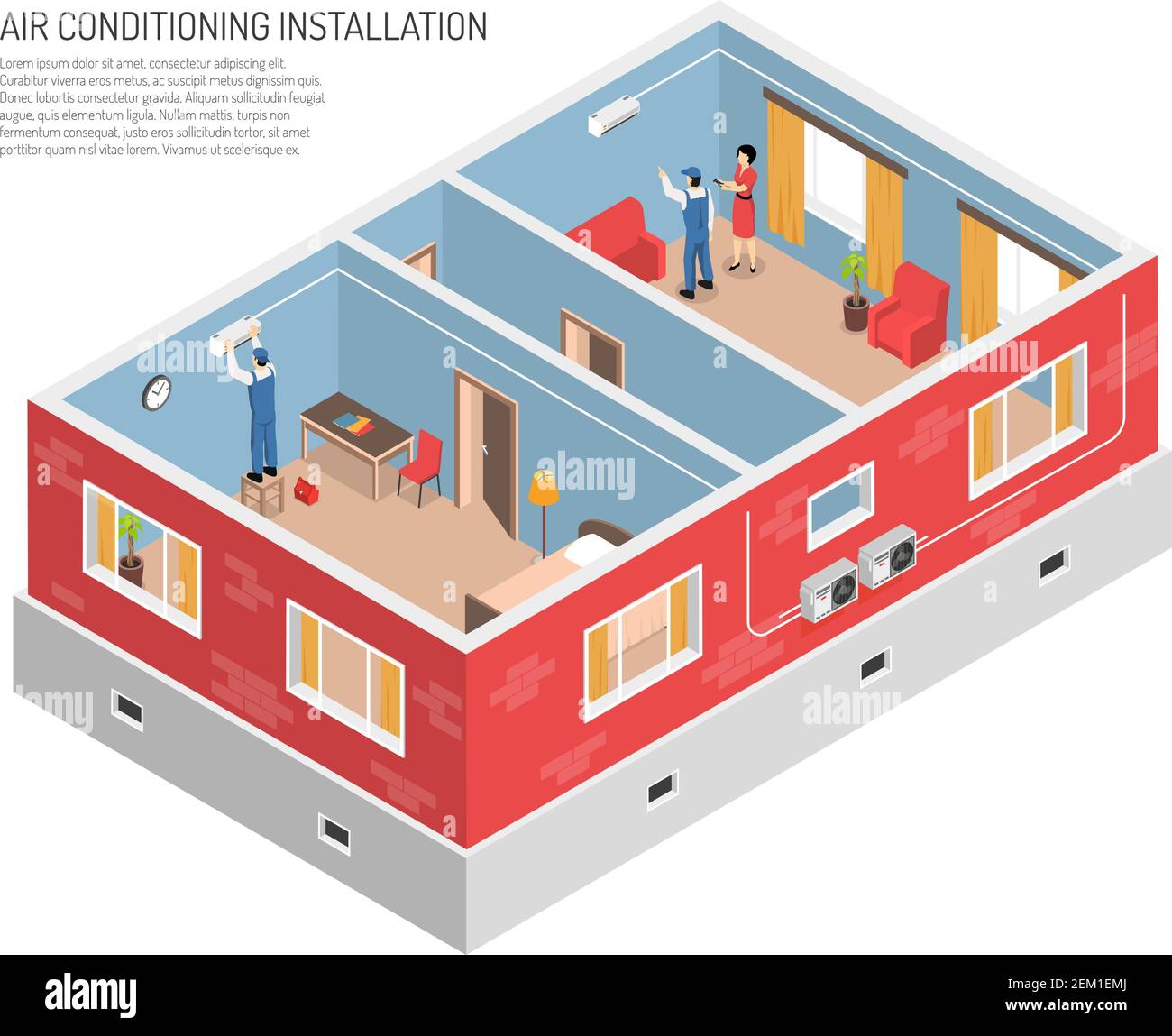 Air conditioners service home composition with cut away view of house ...