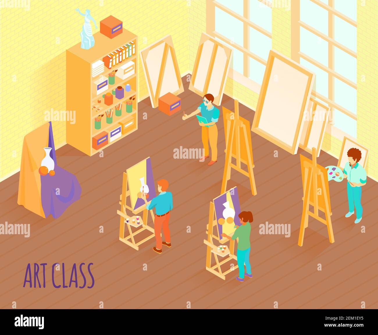 Art class with students during painting of subjects vase with spheres ...