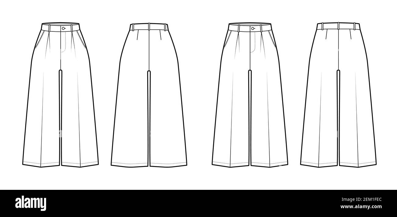 Set of Pants capri technical fashion illustration with low normal waist ...
