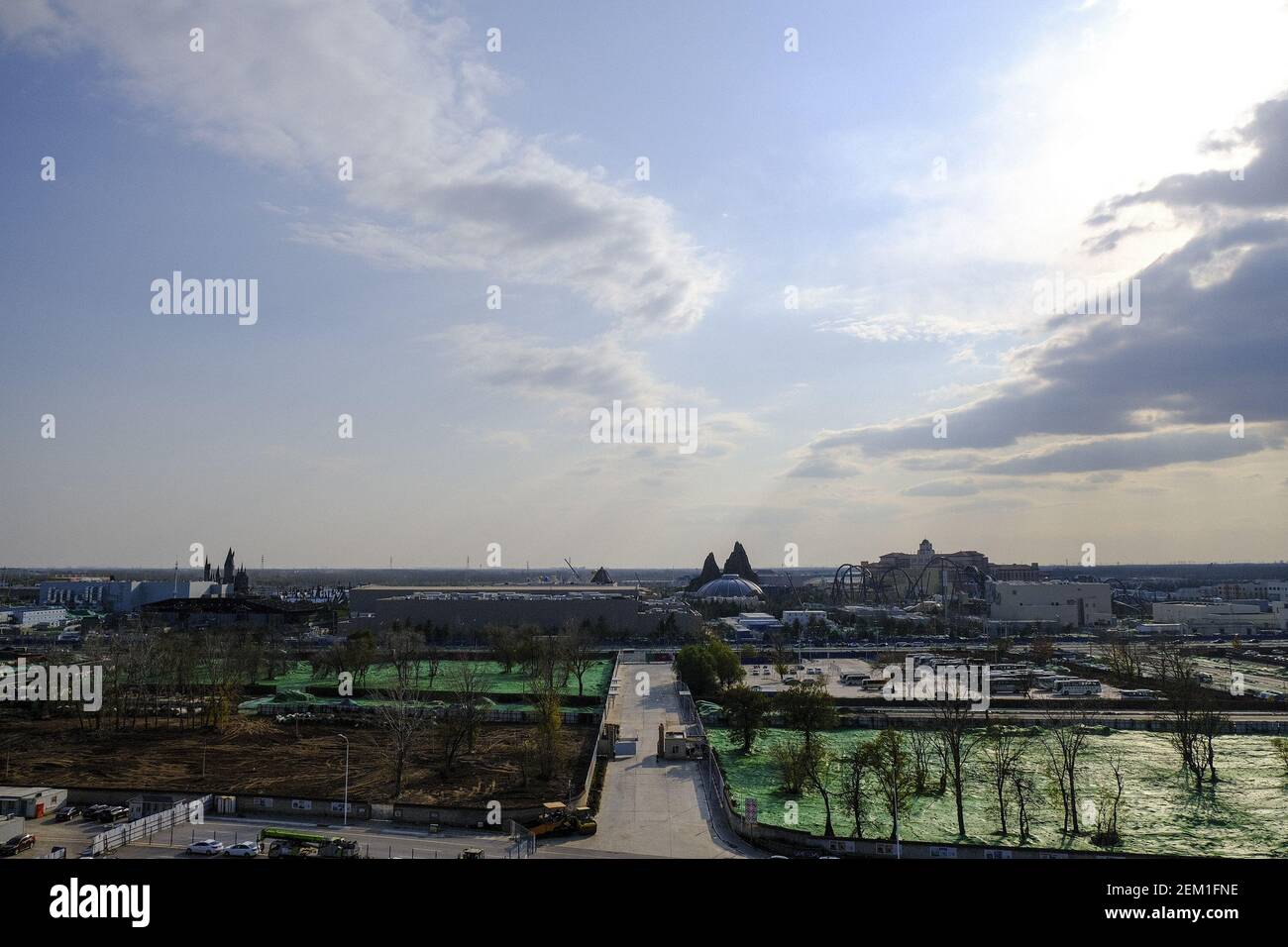 An aerial view of the buildings including a Hogwartz-like castle under ...
