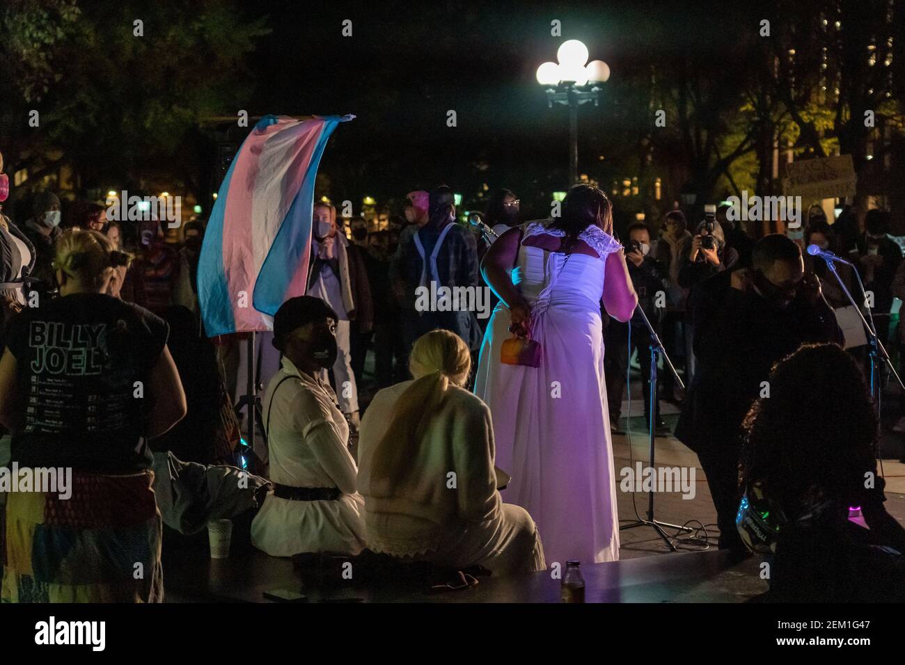 An activist speaks to transgender supporters at Washington Square Park ...