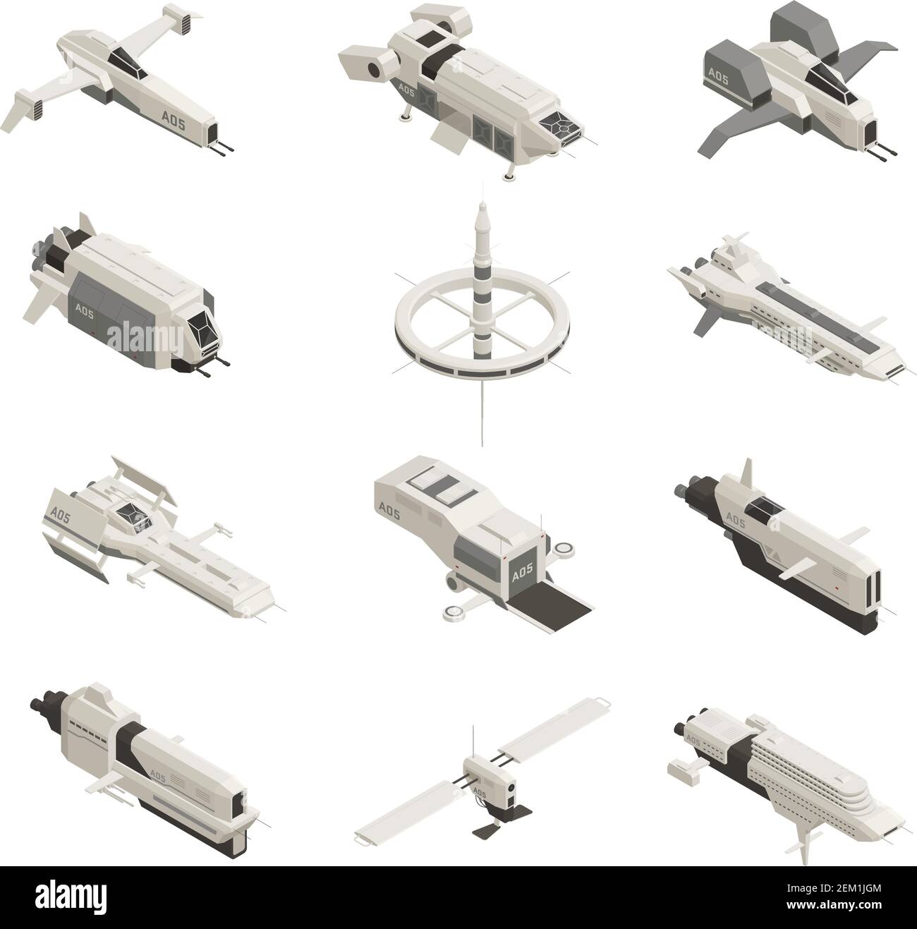 Isometric monochrome set of space ships of different size and shape ...