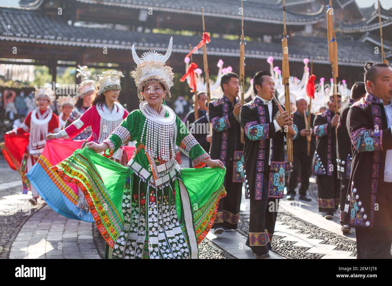 LEISHAN, CHINA - NOVEMBER 20, 2020 - Girls of Miao ethnic group perform ...