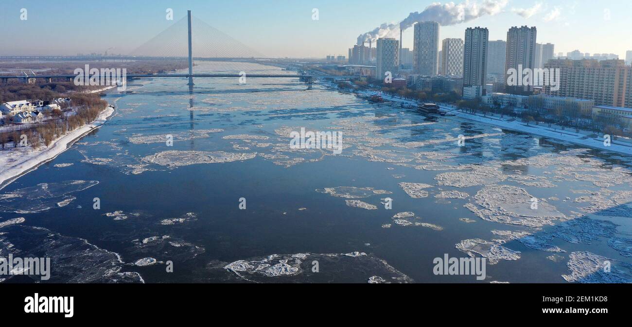 Aerial view of the floating ice on Songhua River in Harbin city ...