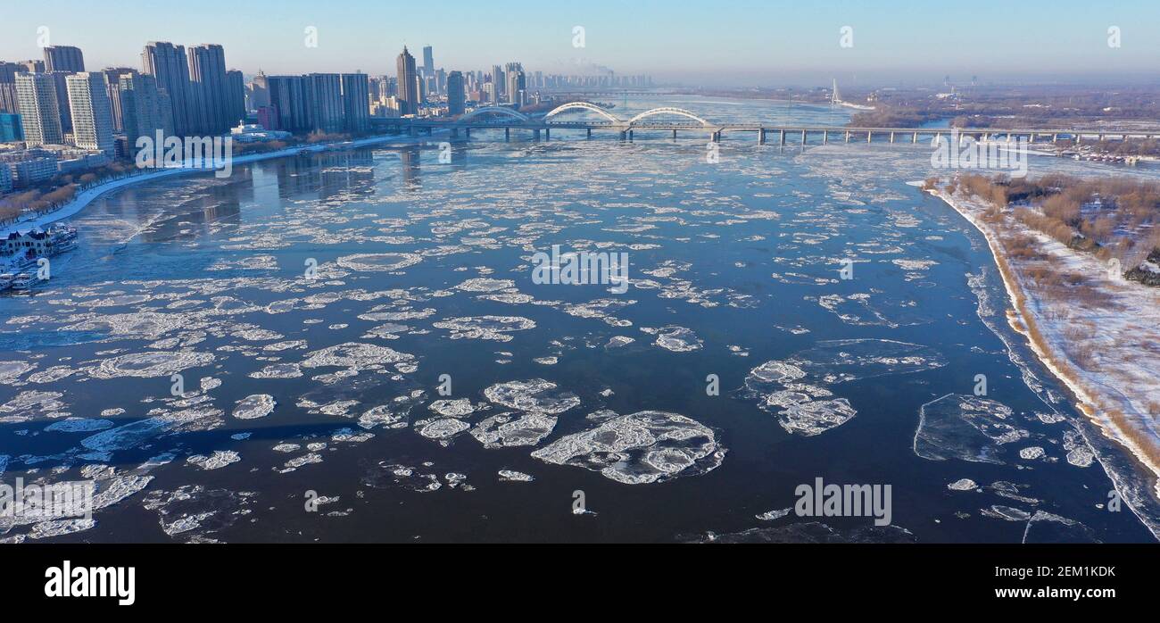 Aerial view of the floating ice on Songhua River in Harbin city ...