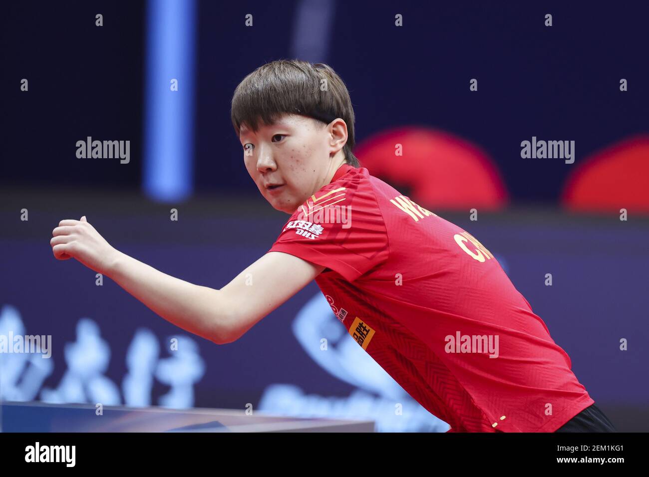 Chinese table tennis player Wang Manyu plays against Chinese table ...