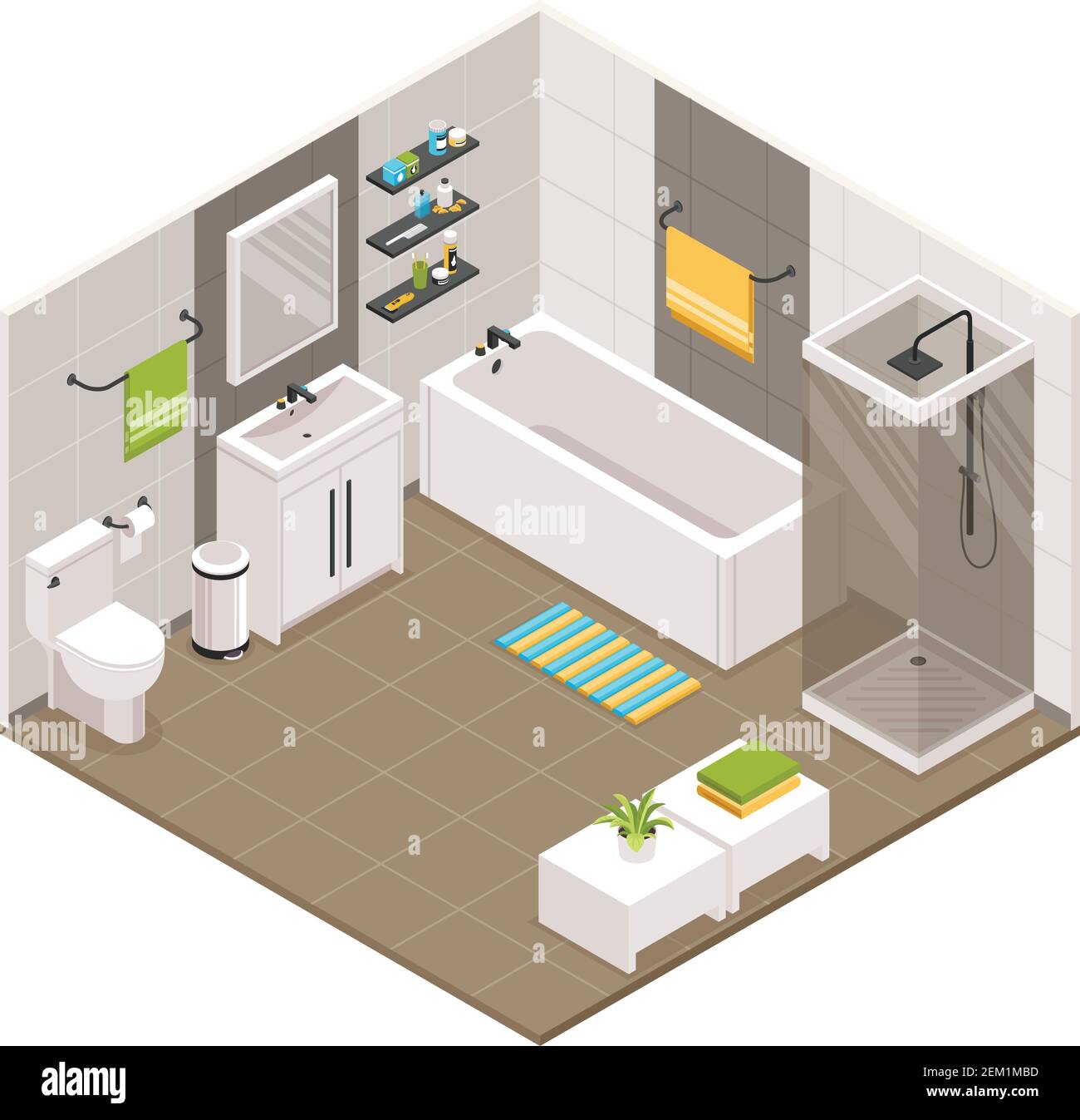 Bathroom interior isometric view with bath shower cabine cubicle toilet ...