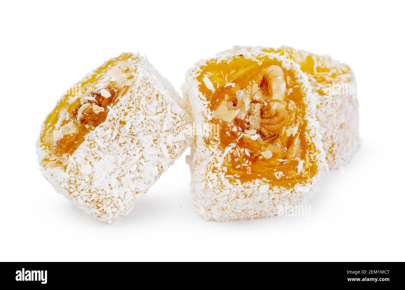 Yellow Turkish Delight with nuts in powdered sugar isolated on white ...