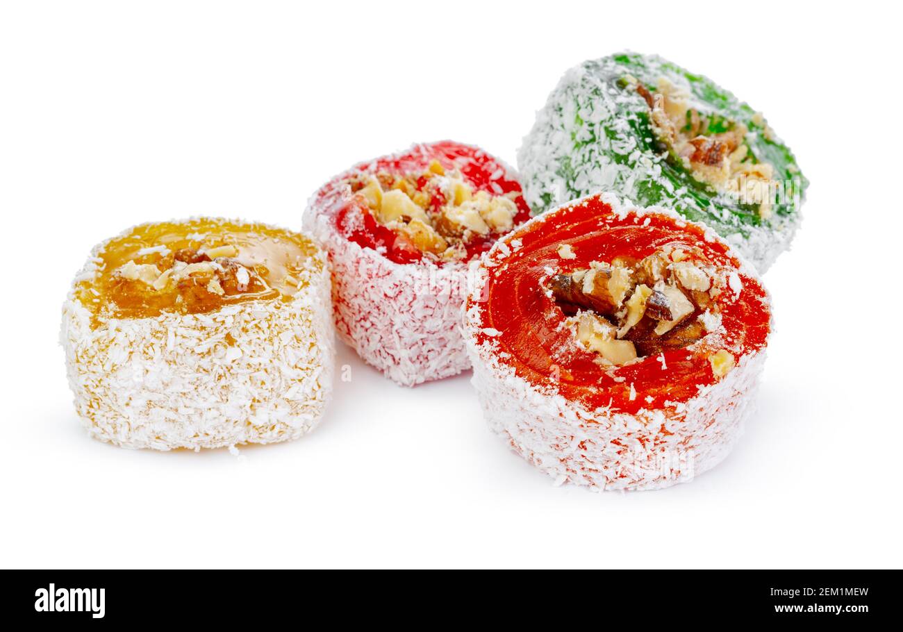 Colorful Turkish delight with nuts in powdered sugar isolated on white ...