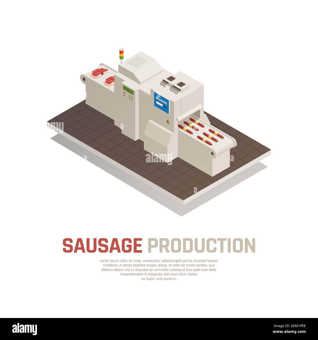Sausages manufacturing isometric composition, industrial machine with ...