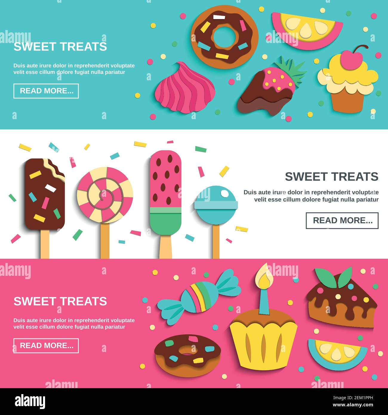 Sweets candies donuts lollies kids party funny treats 3 flat horizontal ...