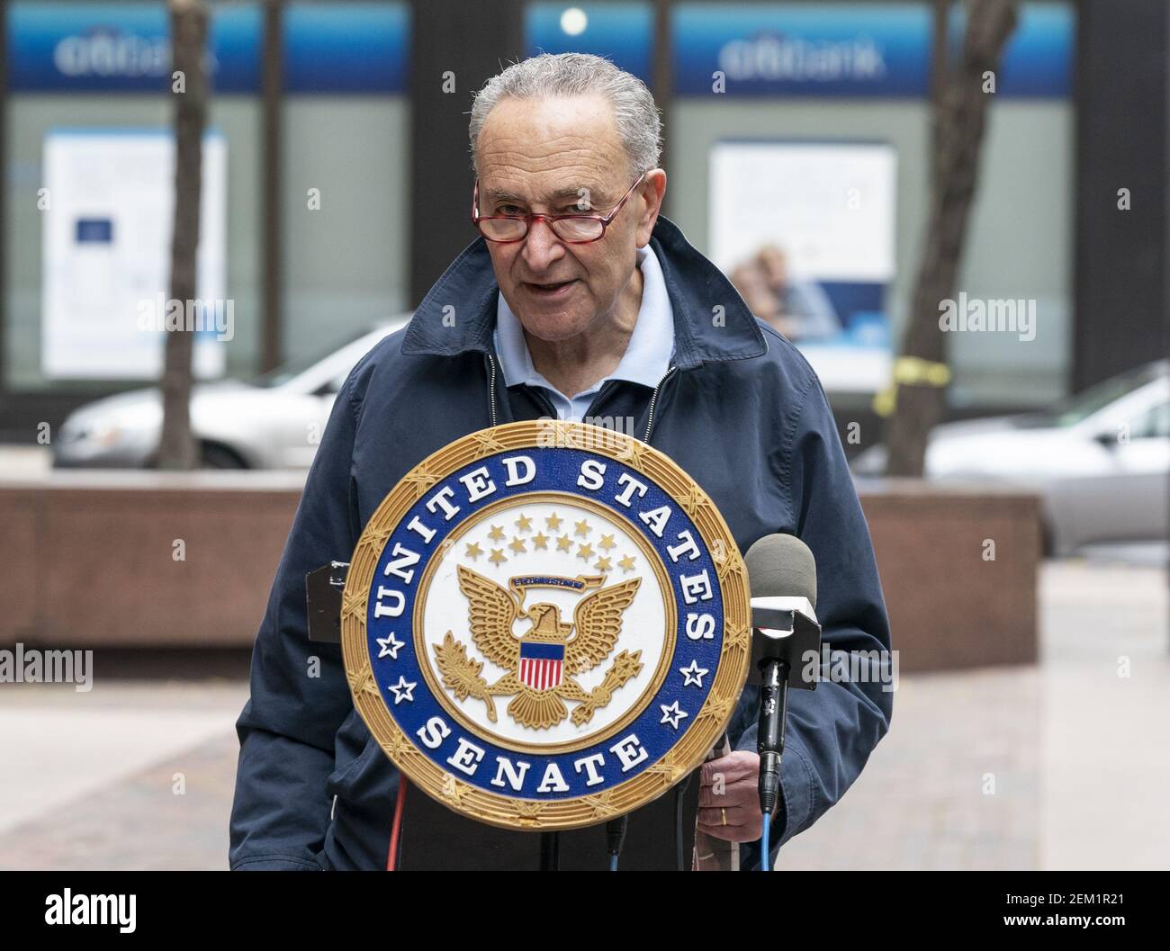 U. S. Senator Chuck Schumer speaks during media briefing on COVID-19 ...