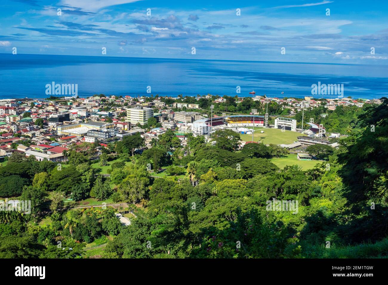 Scenic view of Roseau town and sea, Dominica island. Seen from the ...