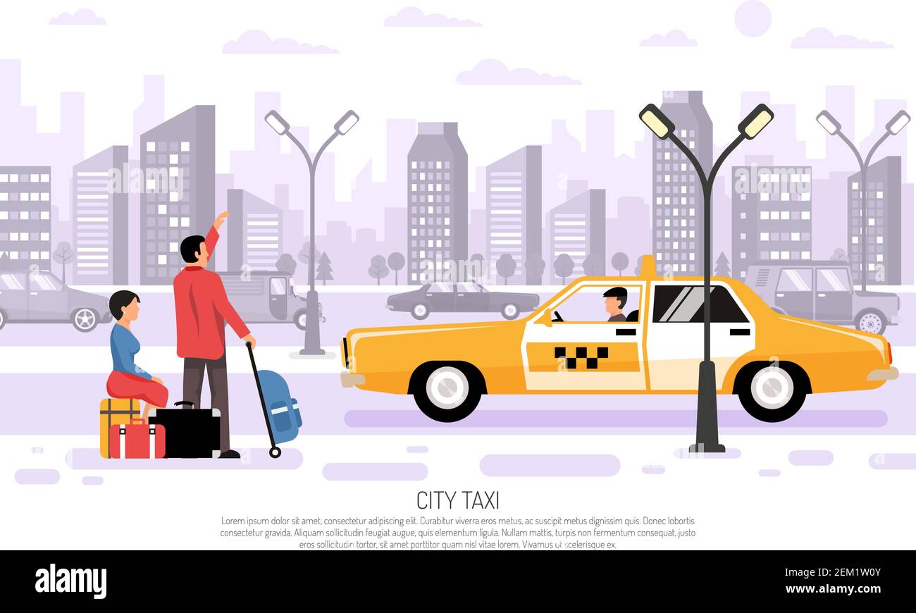 Travelers with luggage hailing yellow taxi car in city street flat ...