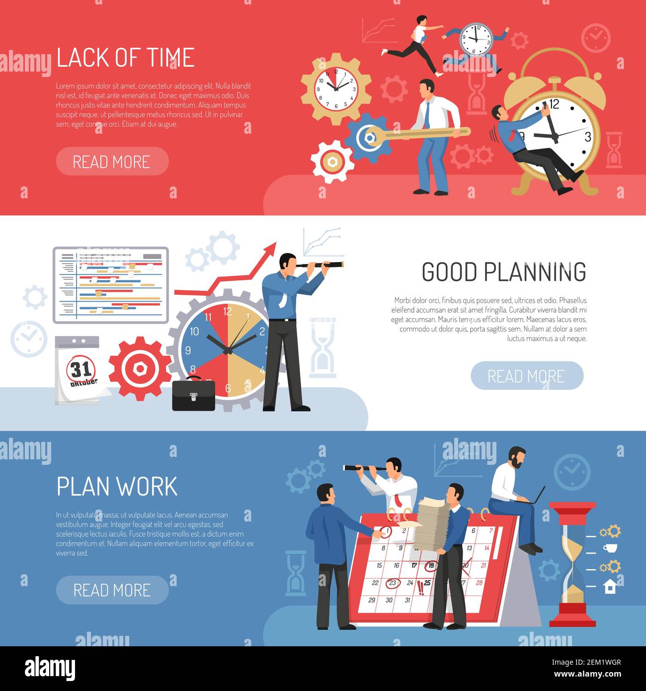 Planning work and schedule three horizontal banners set flat isolated ...