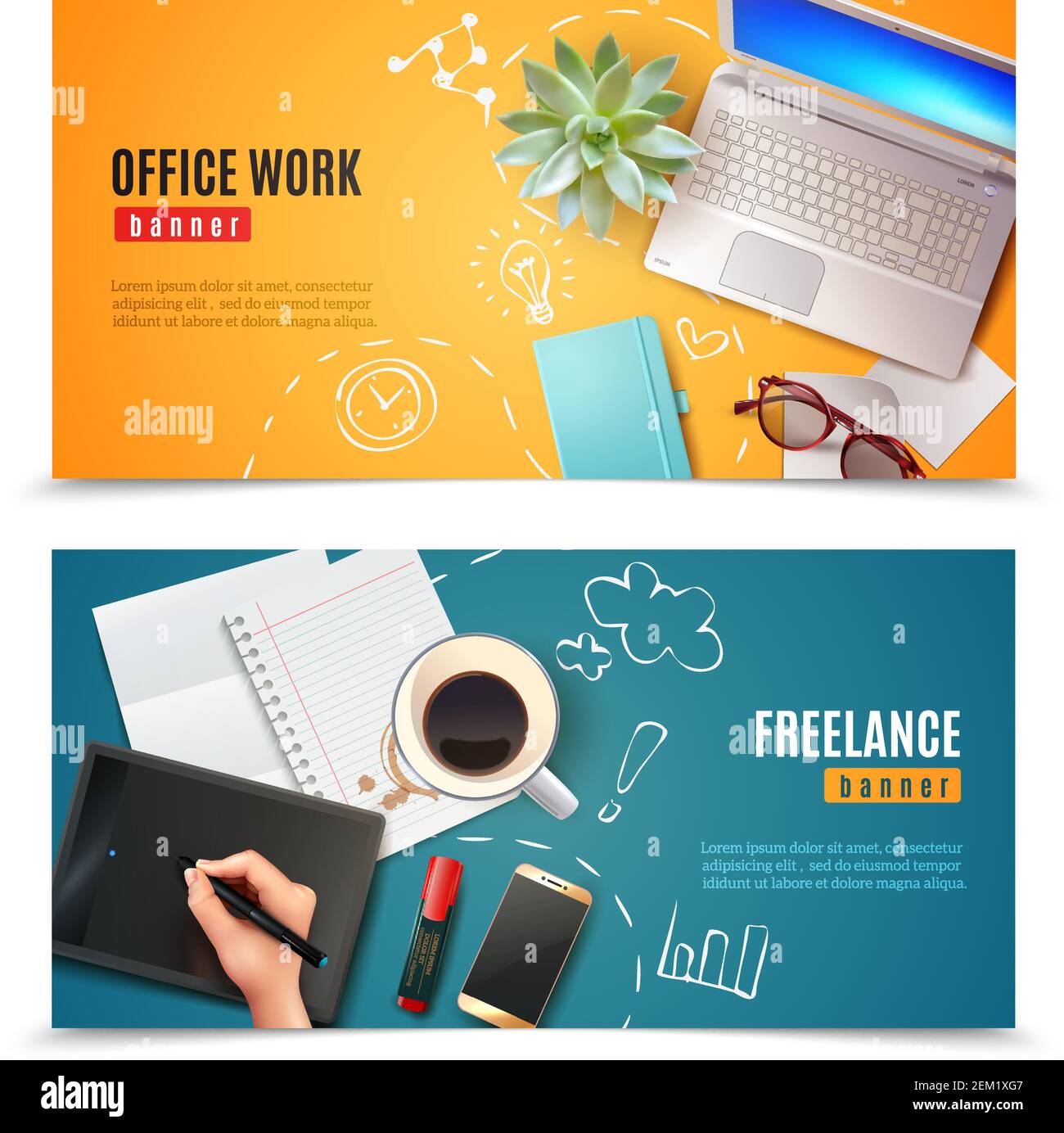 Set of horizontal banners 3d office objects on yellow and blue background isolated vector ...