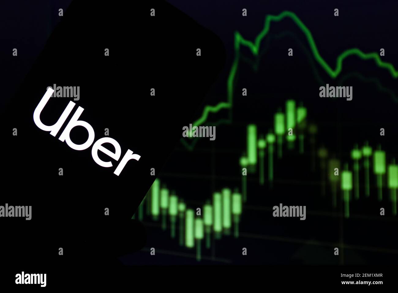 In this photo illustration a Uber company logo seen displayed on a ...