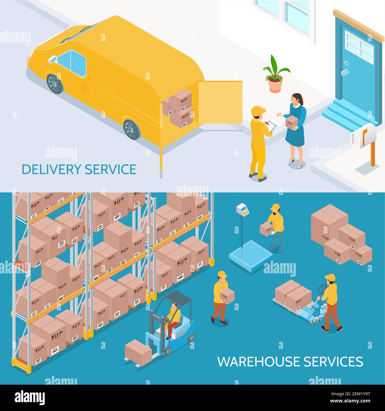 Horizontal isometric banners with logistic business including warehouse ...