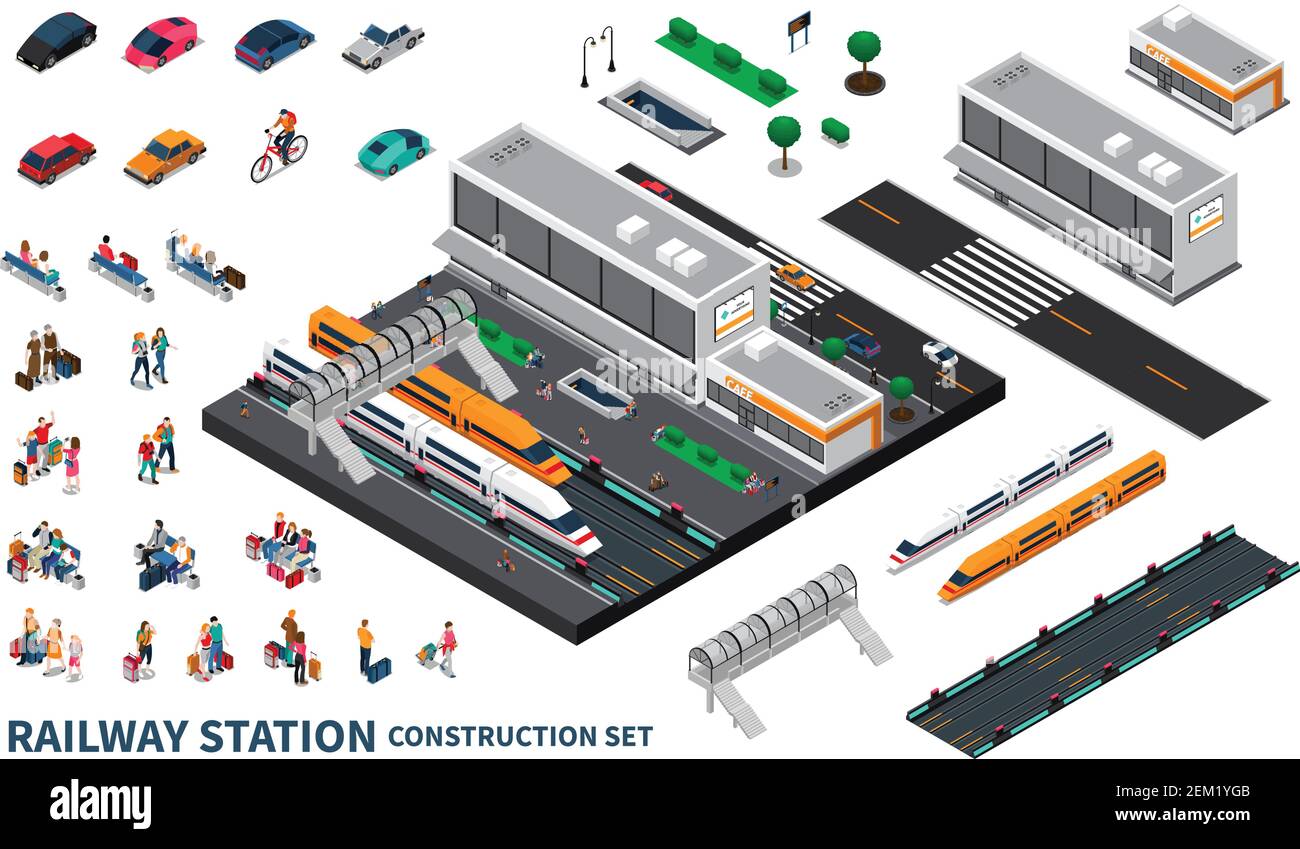 Railway station isometric constructor set of modern speed trains railroad track passenger ...