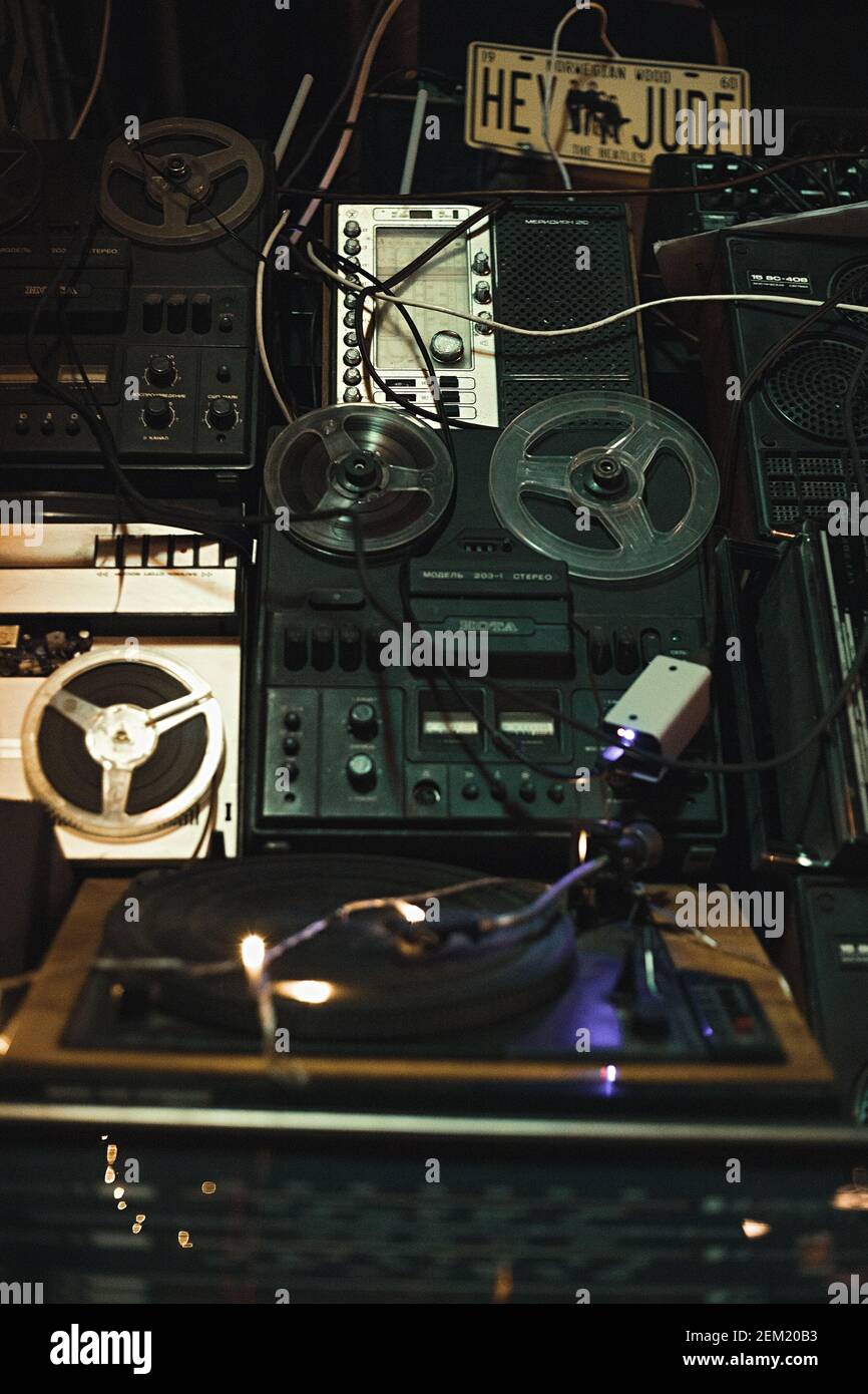 Retro old design tape recorders and audio old music player ussr ...