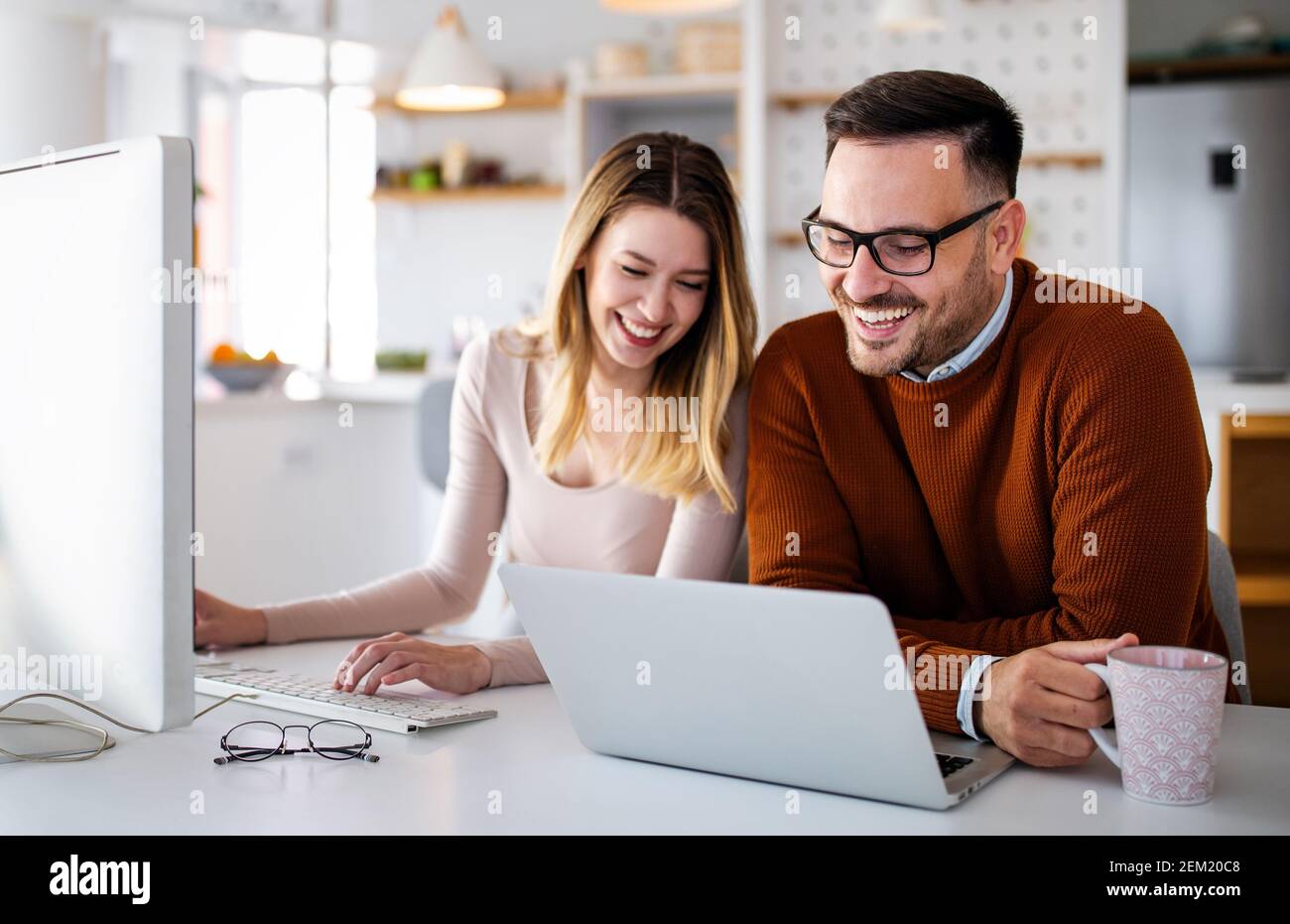 Business people having fun and chatting at workplace office Stock Photo ...