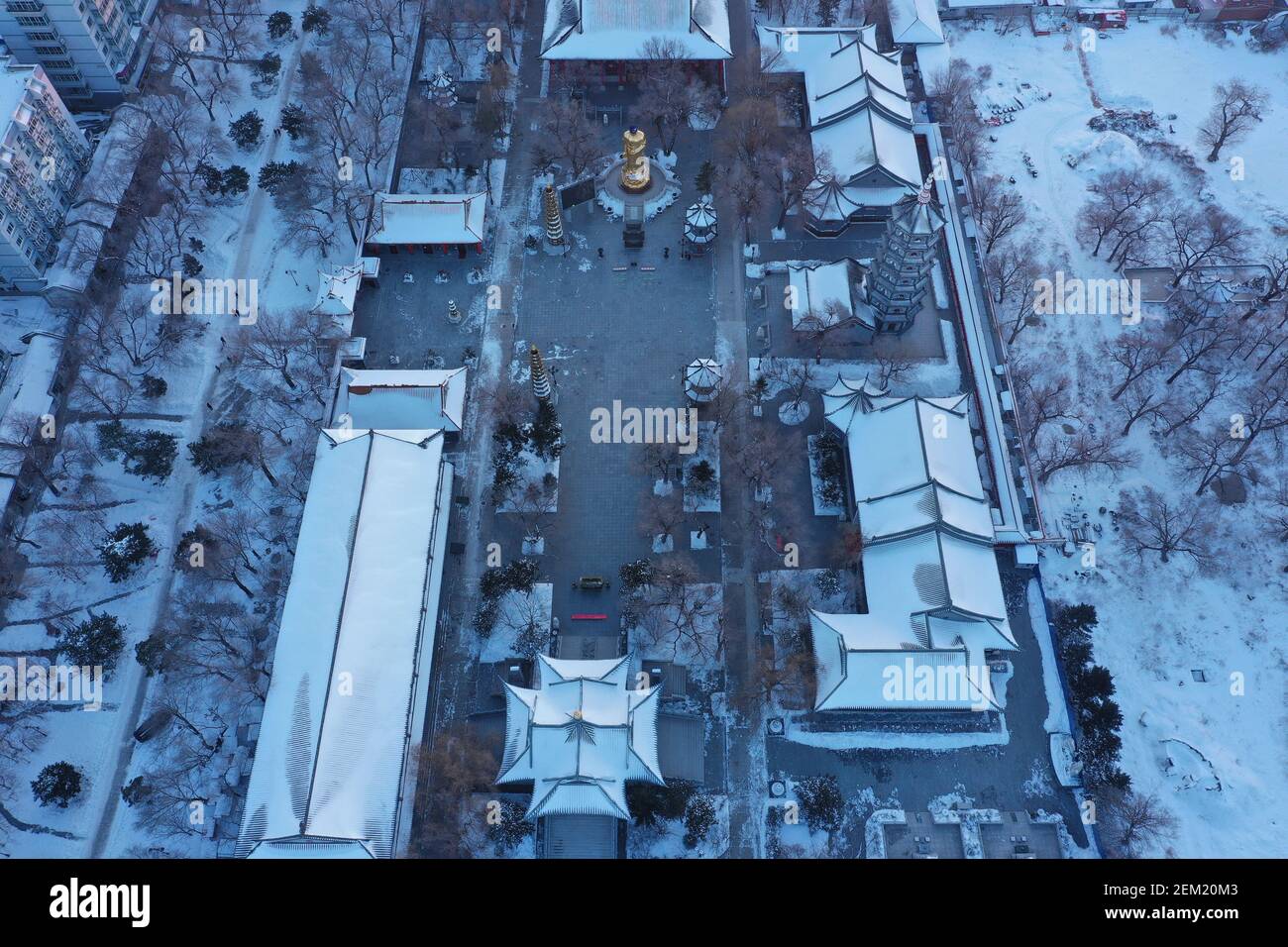 An aerial view of Jile Temple after snow in Harbin city, northeast ...