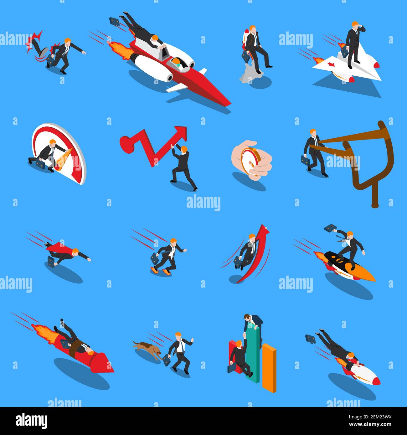 Accelerate business concept isometric icons set of businessmen racing ...
