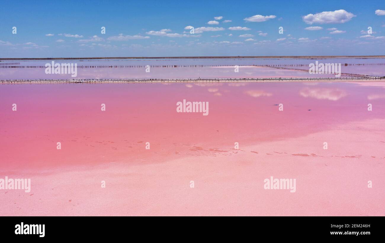 Aerial drone top down photo of a natural pink lake and blue sky ...