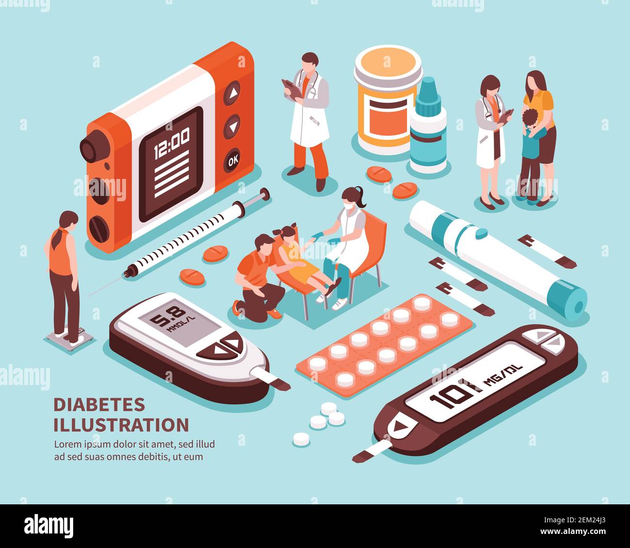 Diabetic patient life isometric composition with diagnosis sugar level ...