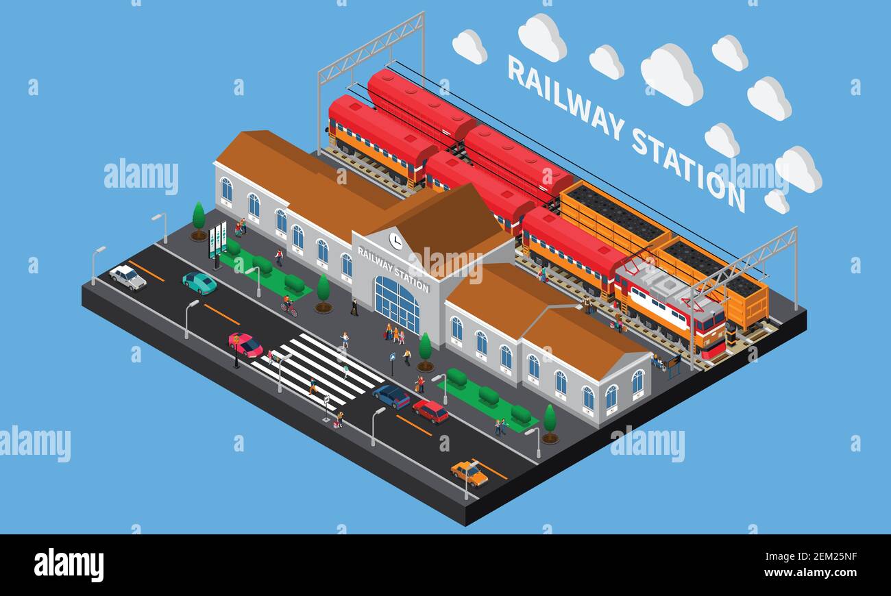 Railway station isometric composition with freight and passenger trains ...
