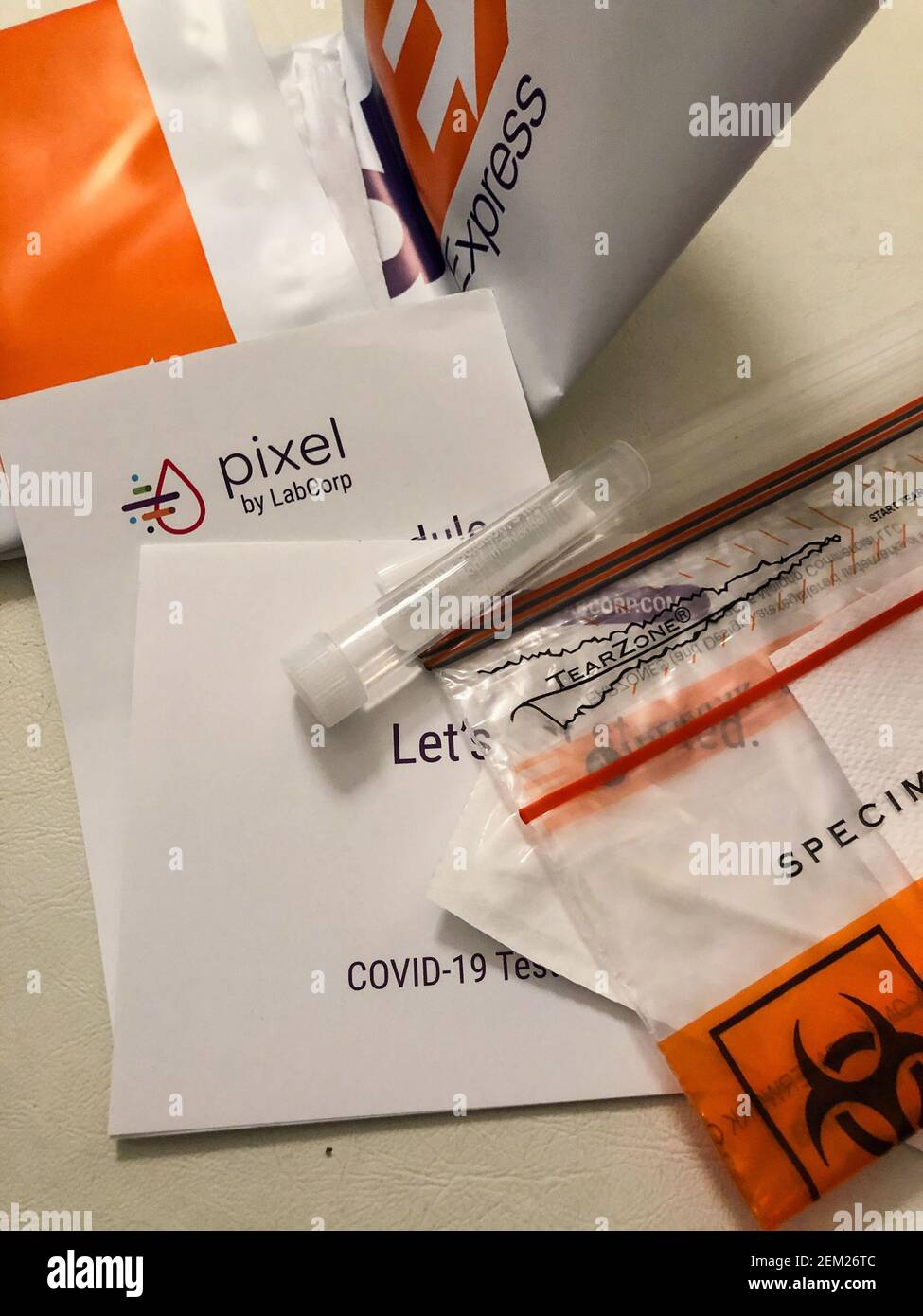 A Pixel by LabCorp COVID-19 at-home kit is displayed at a home in ...