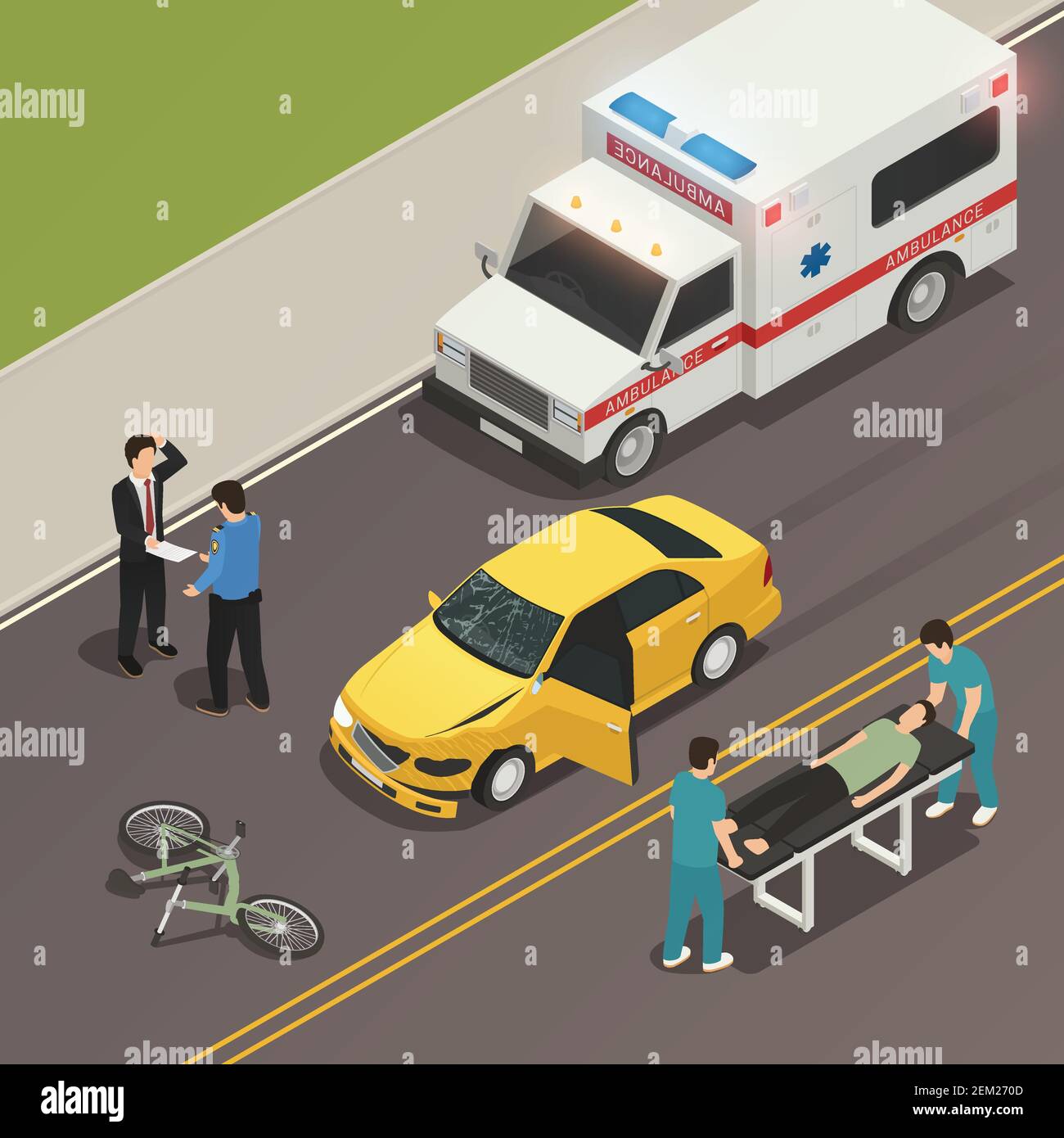 Traffic accident scene of car collision with bicycle isometric ...