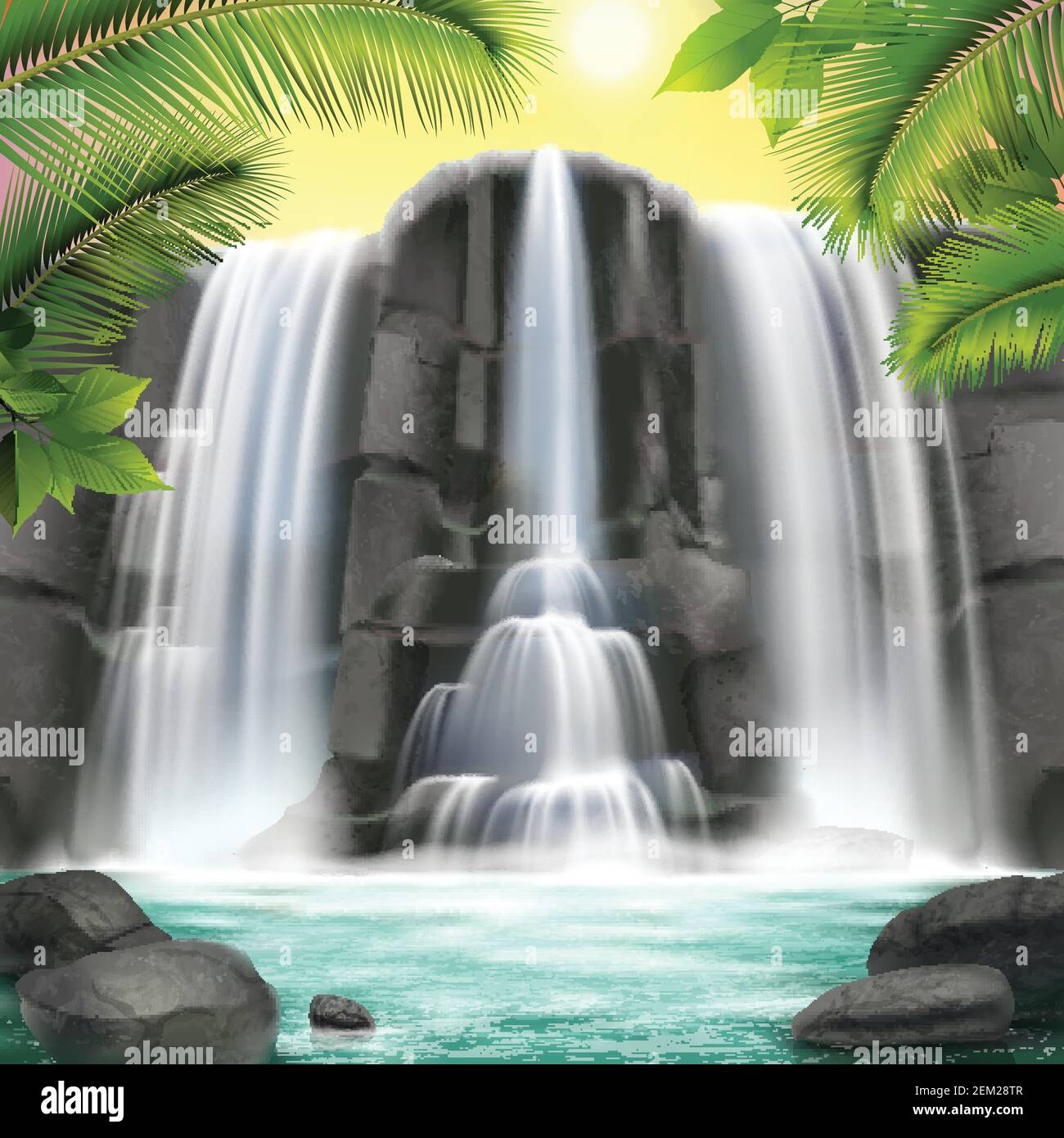 Realistic waterfall background with water rocks sky and trees vector ...