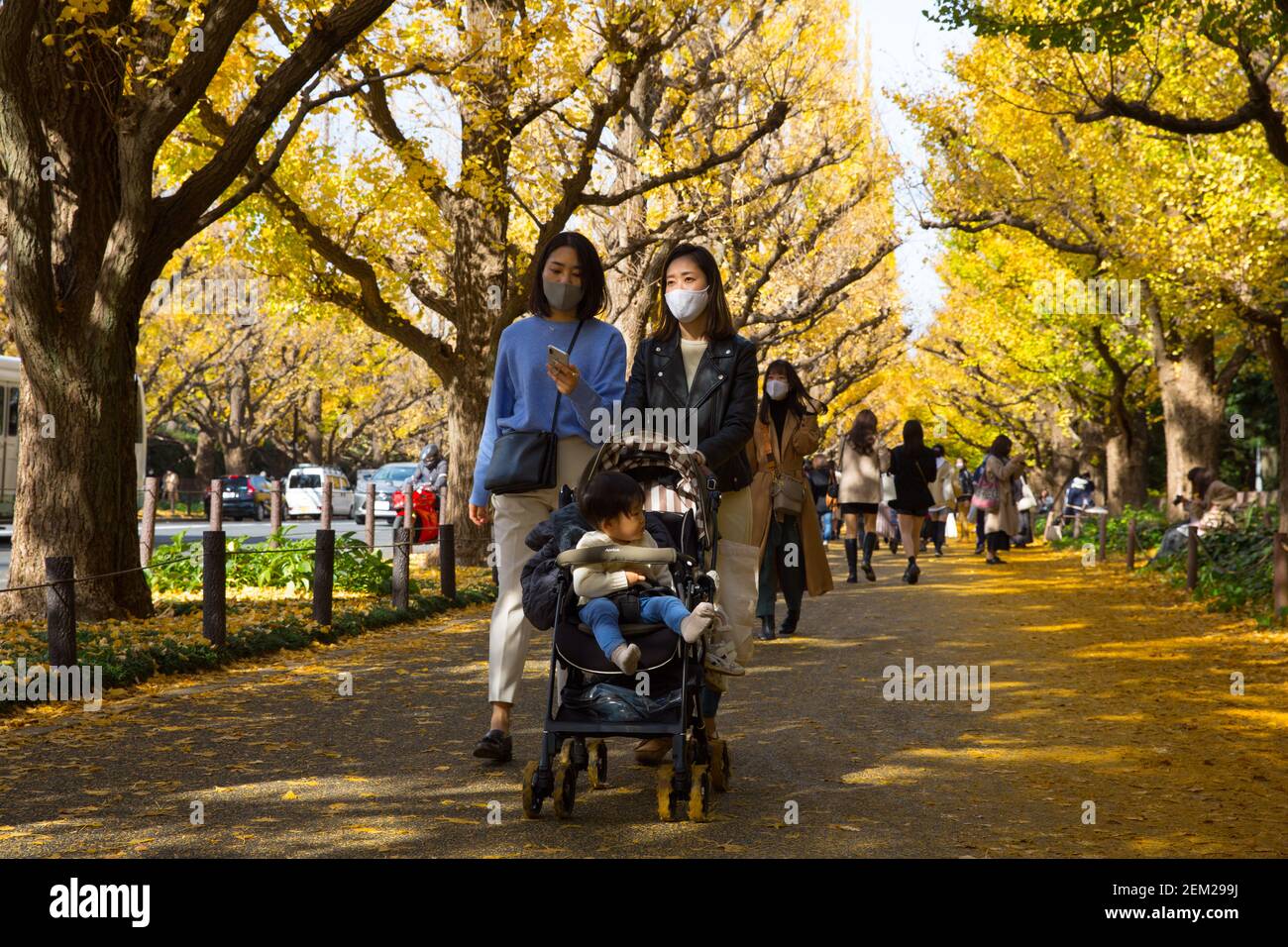Women with a baby stroller wearing face masks as a precaution against ...