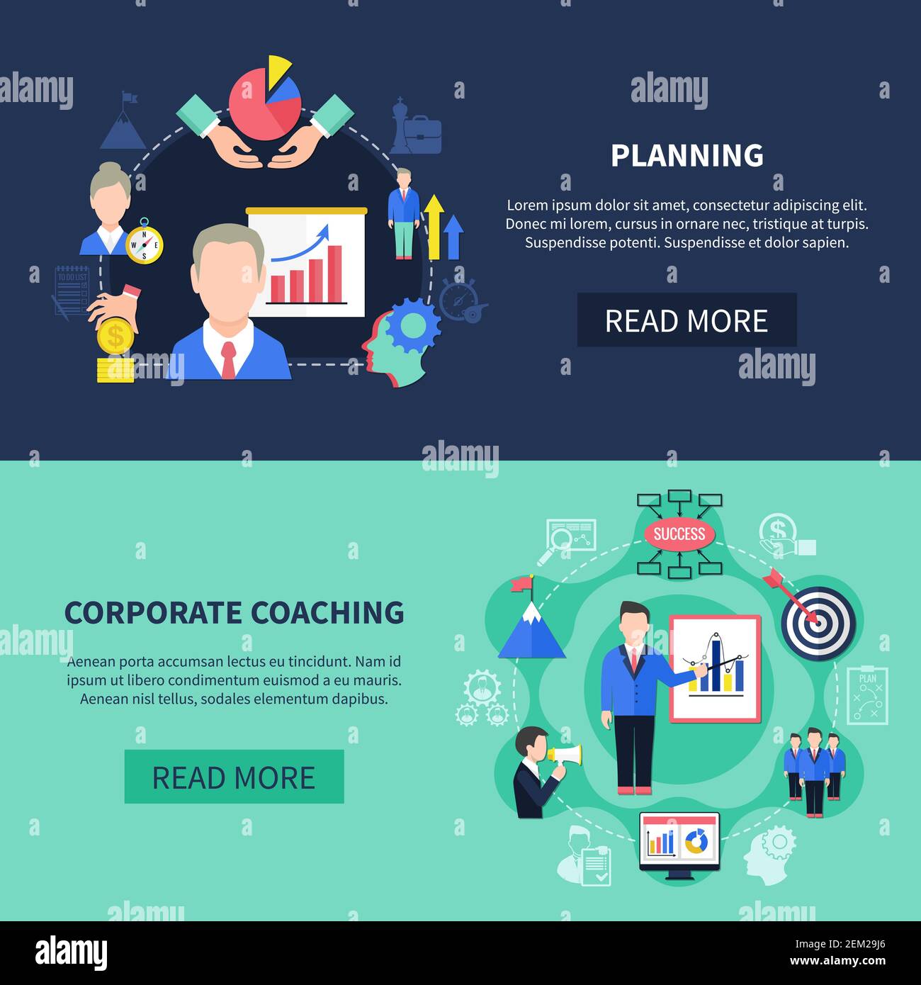 Coaching horizontal banners set with corporate coaching symbols flat ...