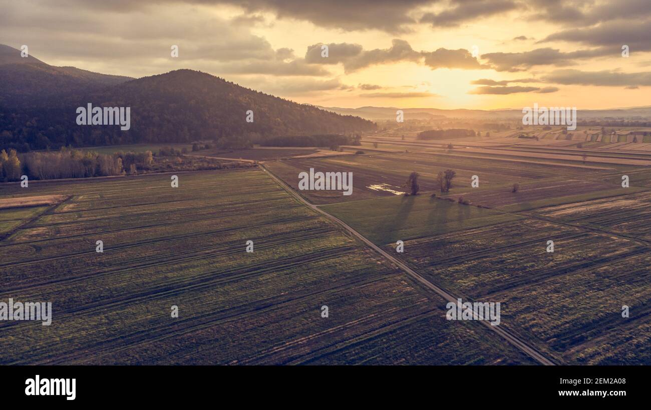 Aerial view of empty autumn fields at sunset Stock Photo - Alamy