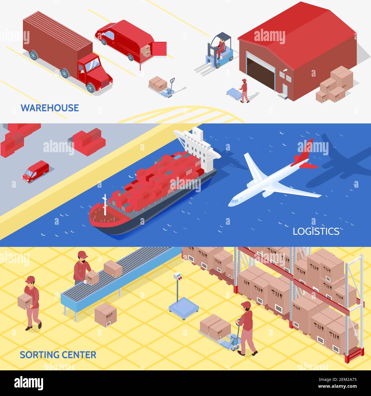 Set of horizontal isometric banners with logistics services goods ...