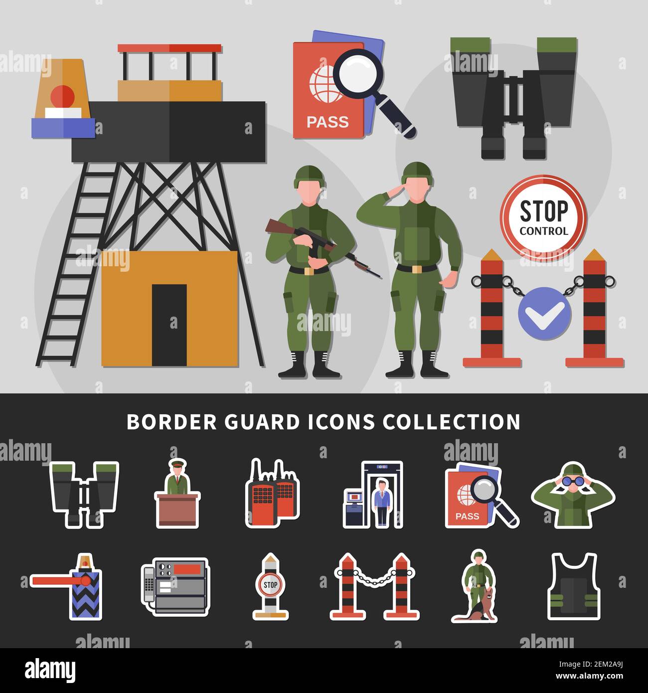 Stop control border guard apparel and equipment icons collection set ...