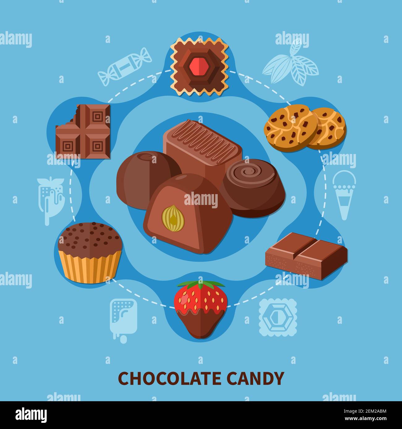 Flat round composition with chocolate bar, candies of various shape ...