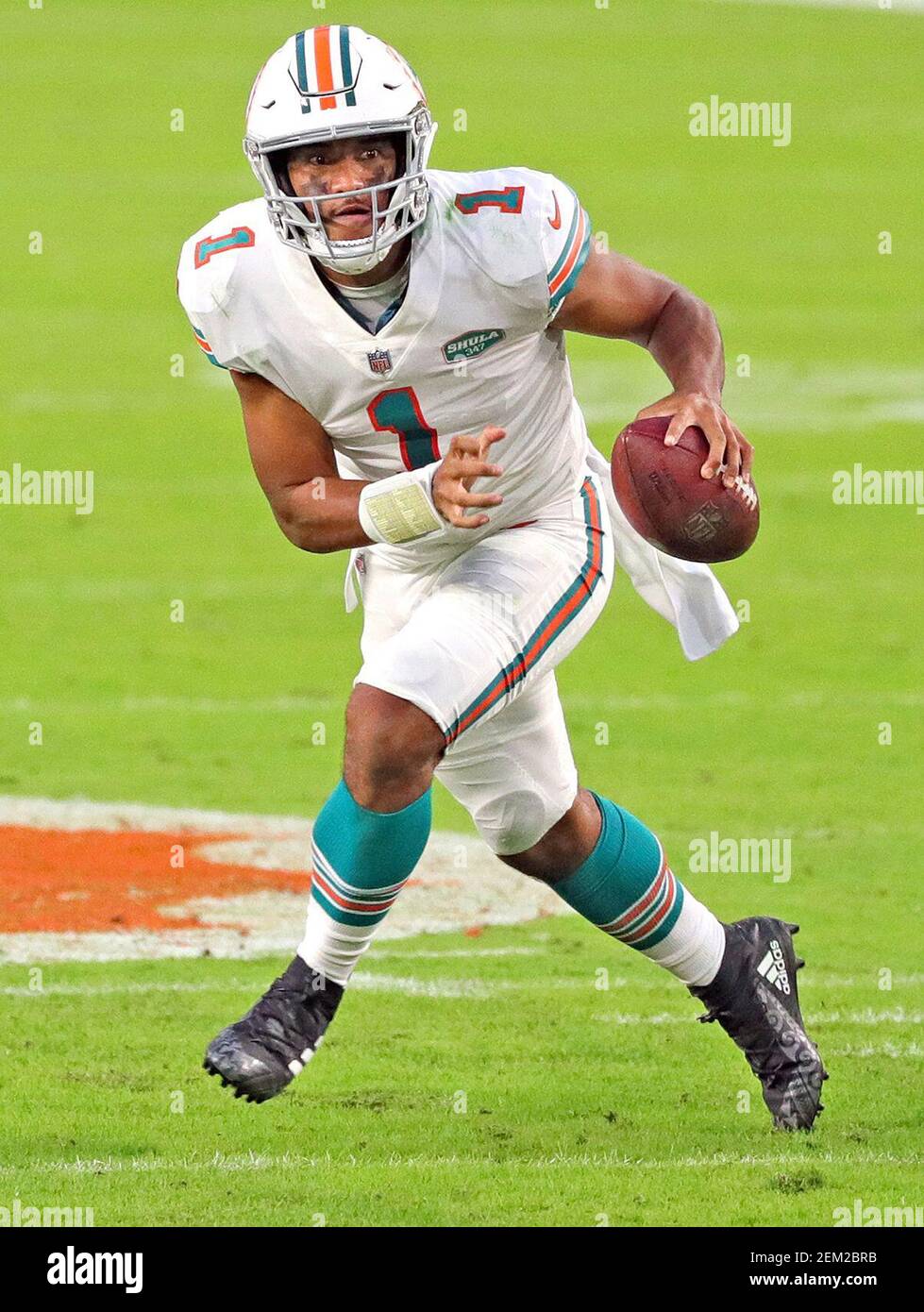 Miami Dolphins quarterback Tua Tagovailoa looks to throw on the run ...