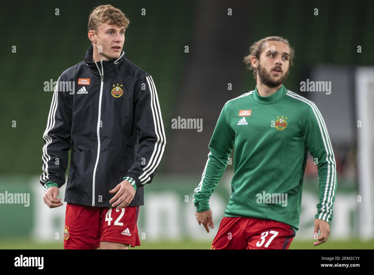 Lion Schuster of Rapid and Lukas Sultzbacher of Rapid during warm-up ...