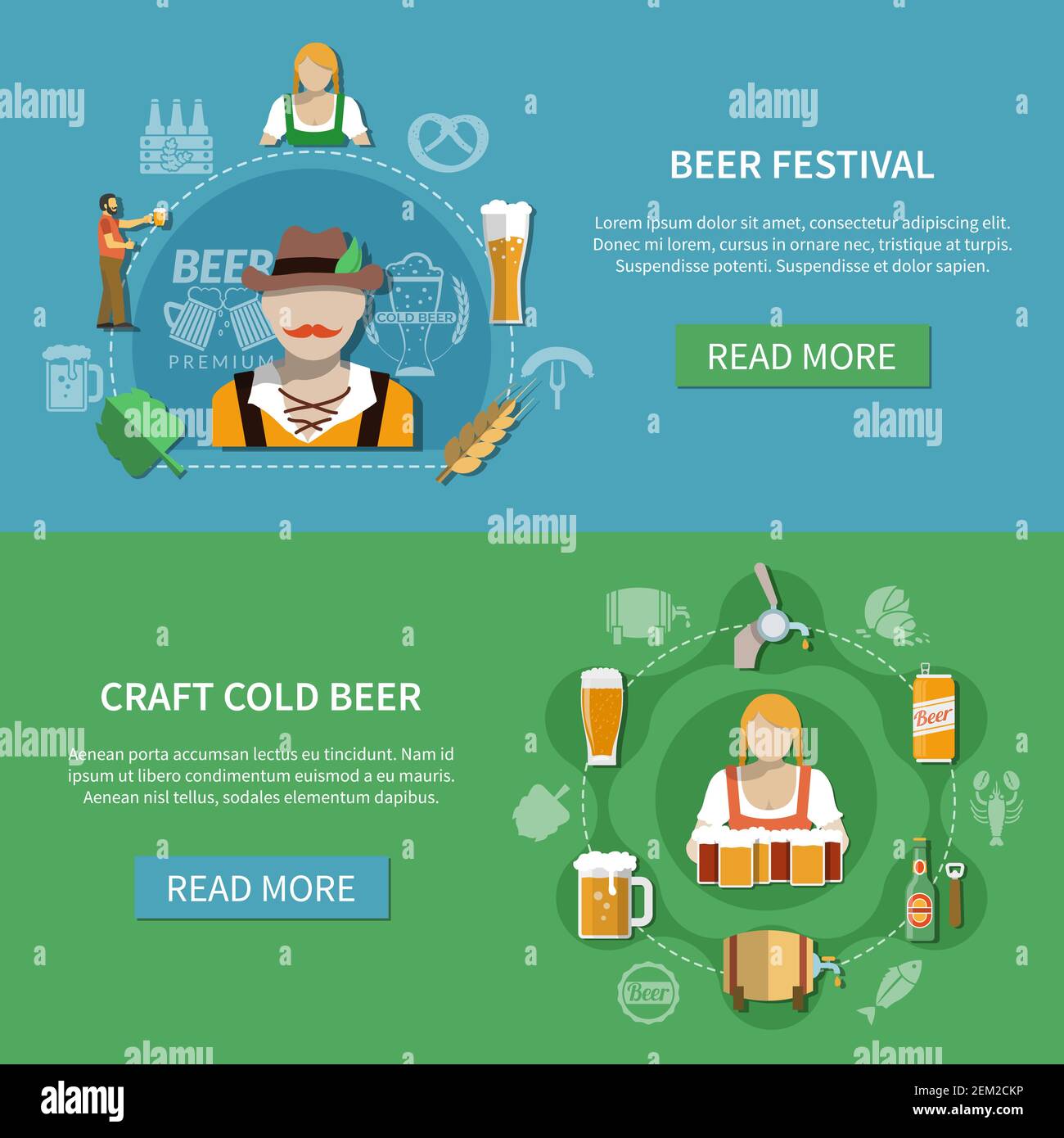 Flat design craft cold beer festival horizontal banners set on colorful ...
