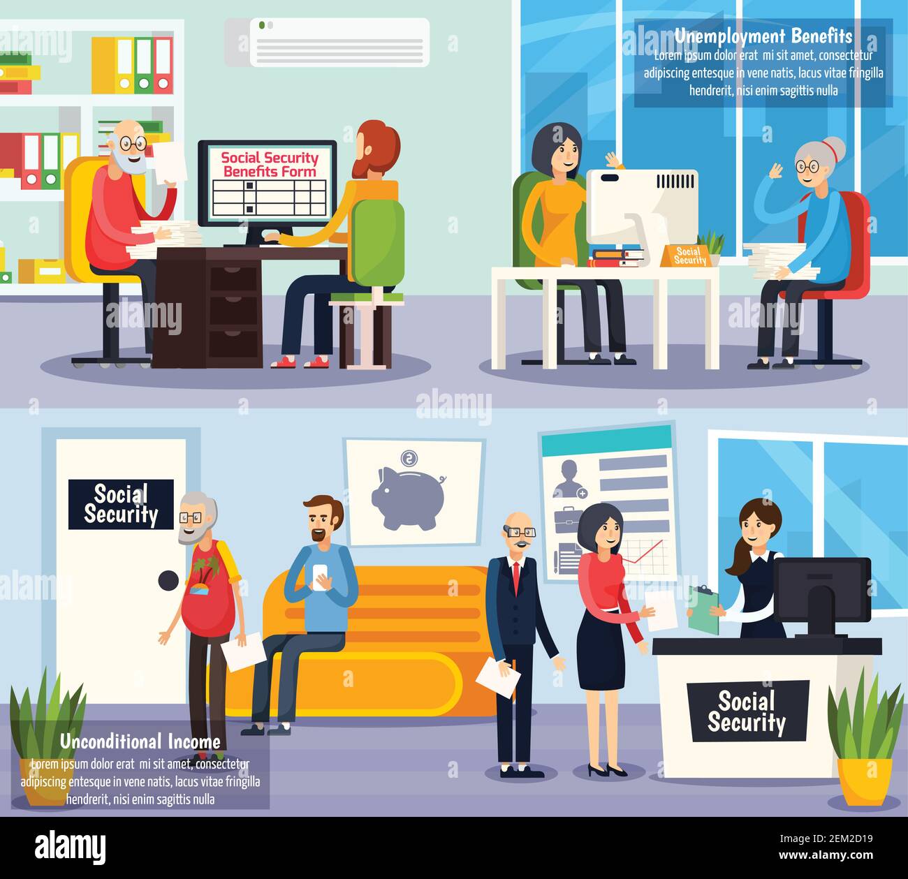 Social security orthogonal horizontal banners with unconditional income ...