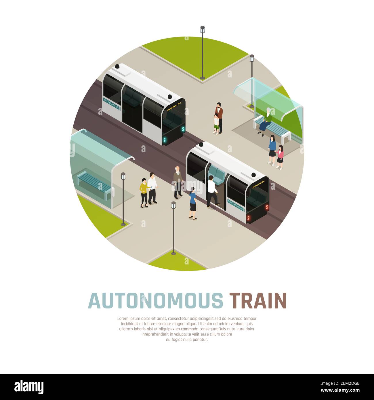 Smart city with autonomous transport, isometric round composition with ...