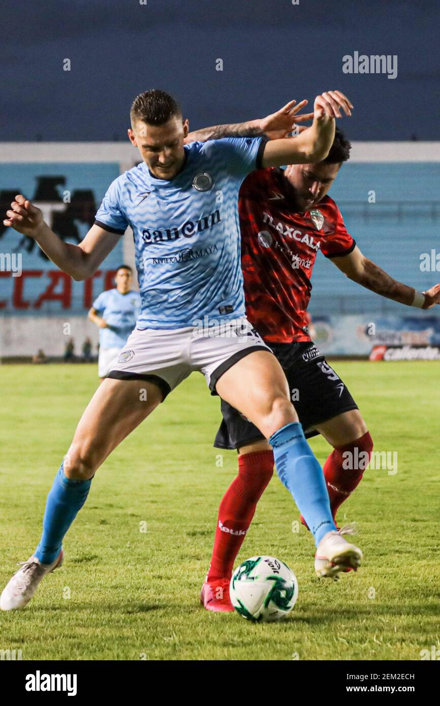 CANCUN, MEXICO - NOVEMBER 26: Diego Gama (R) of Tlaxcala FC and Lucas ...