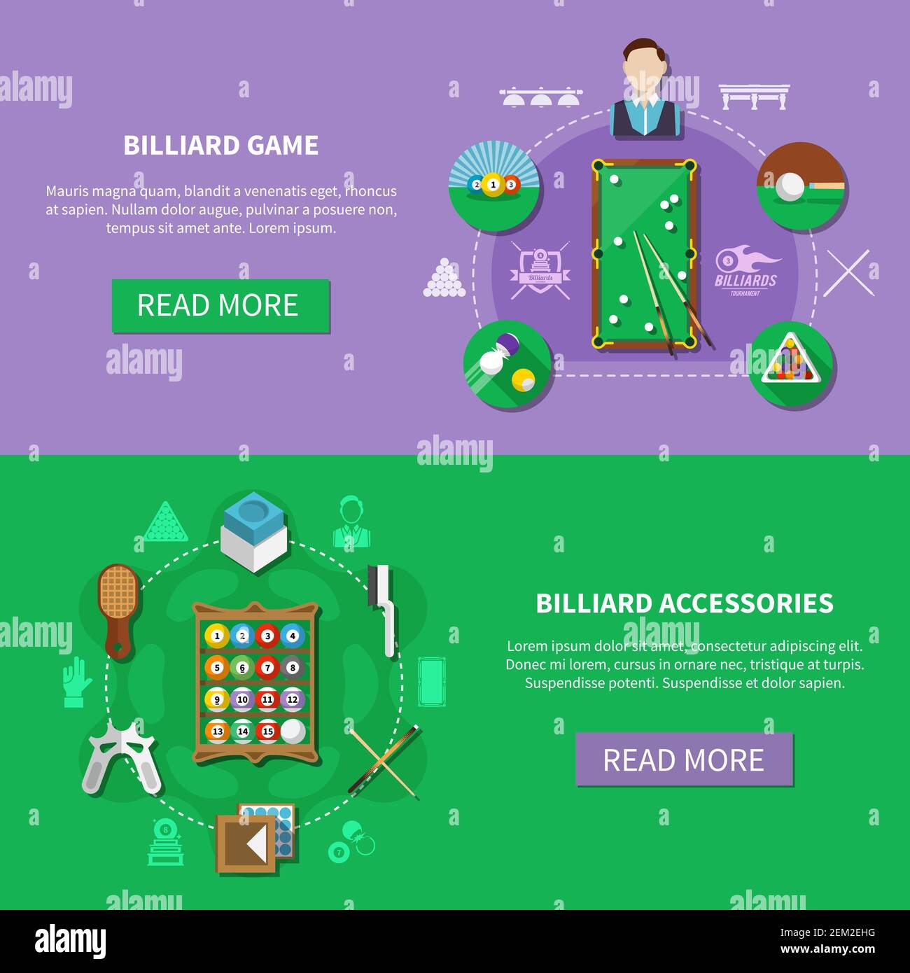 Billiards set of horizontal banners with players, game accessories ...