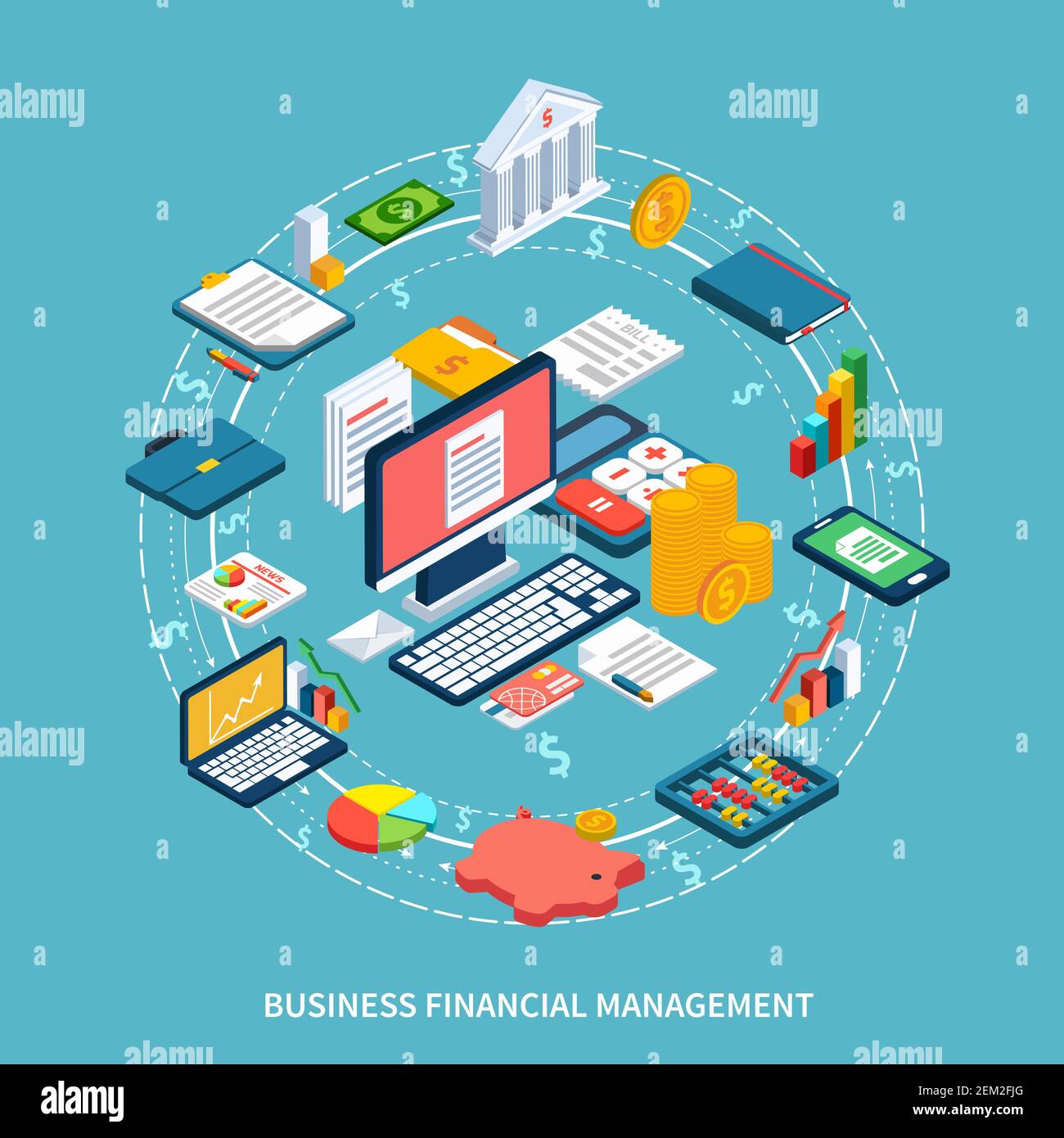 Accounting isometric round composition of dollar signs dashed lines and ...