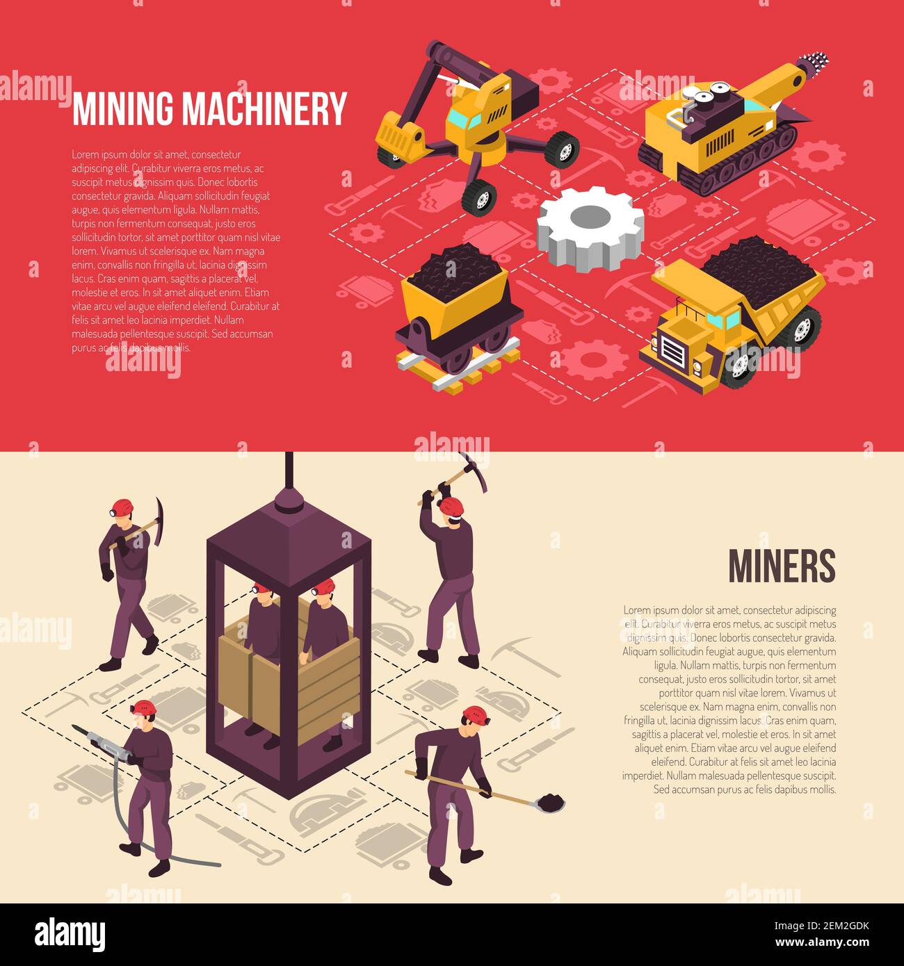 Coal mining industrial workers equipment and machinery isometric ...