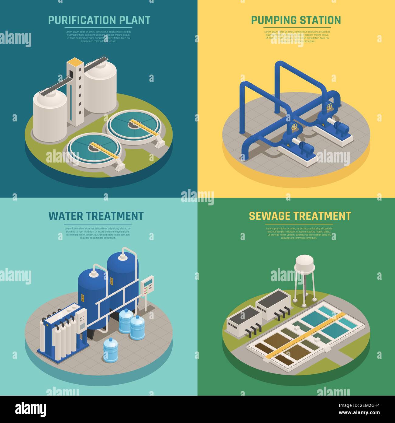 Water cleaning systems 4 isometric icons square with purification plant ...
